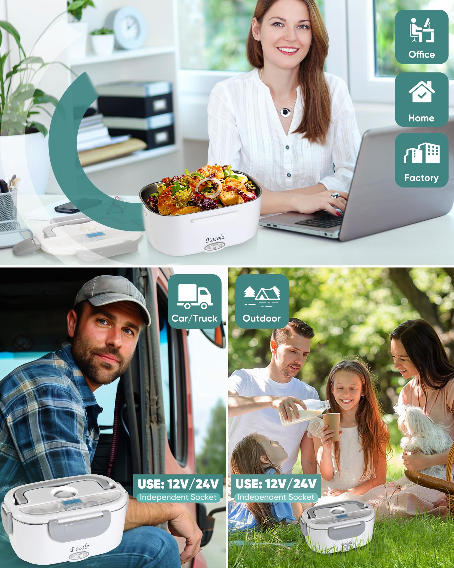 Eocolz Electric Lunch Box Food Heater Warmer 60W, 2 in 1 Portable Lunch Box for Car Truck Home Work Leak Proof with 1.5L Removable 304 Stainless Steel Container & Spoon 2 Compartments 110V 12V 24V