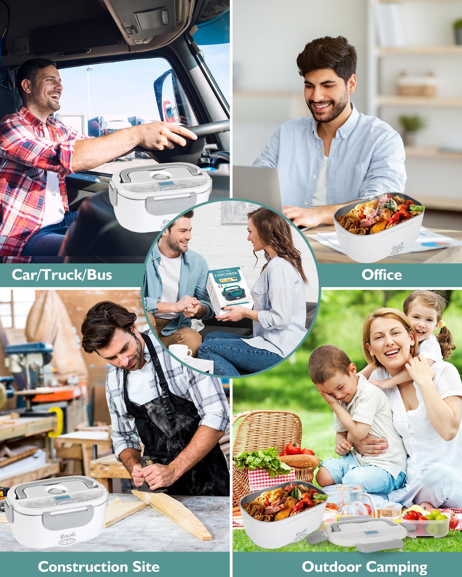 Eocolz Electric Lunch Box Food Heater Warmer 60W, 2 in 1 Portable Lunch Box for Car Truck Home Work Leak Proof with 1.5L Removable 304 Stainless Steel Container & Spoon 2 Compartments 110V 12V 24V