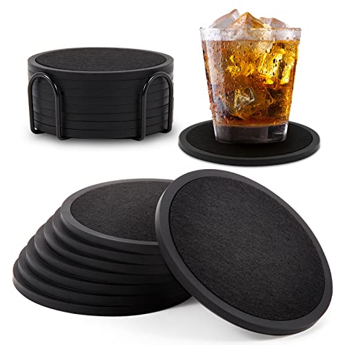 FITTDYHE 8 Pack Coasters for Drinks Absorbent with Holder, Silicone Coasters with Soft Felt Insert for Tabletop Protection, Felt Coasters Absorbent Coasters Suitable for All Kinds of Cups, 4.3 Inches.