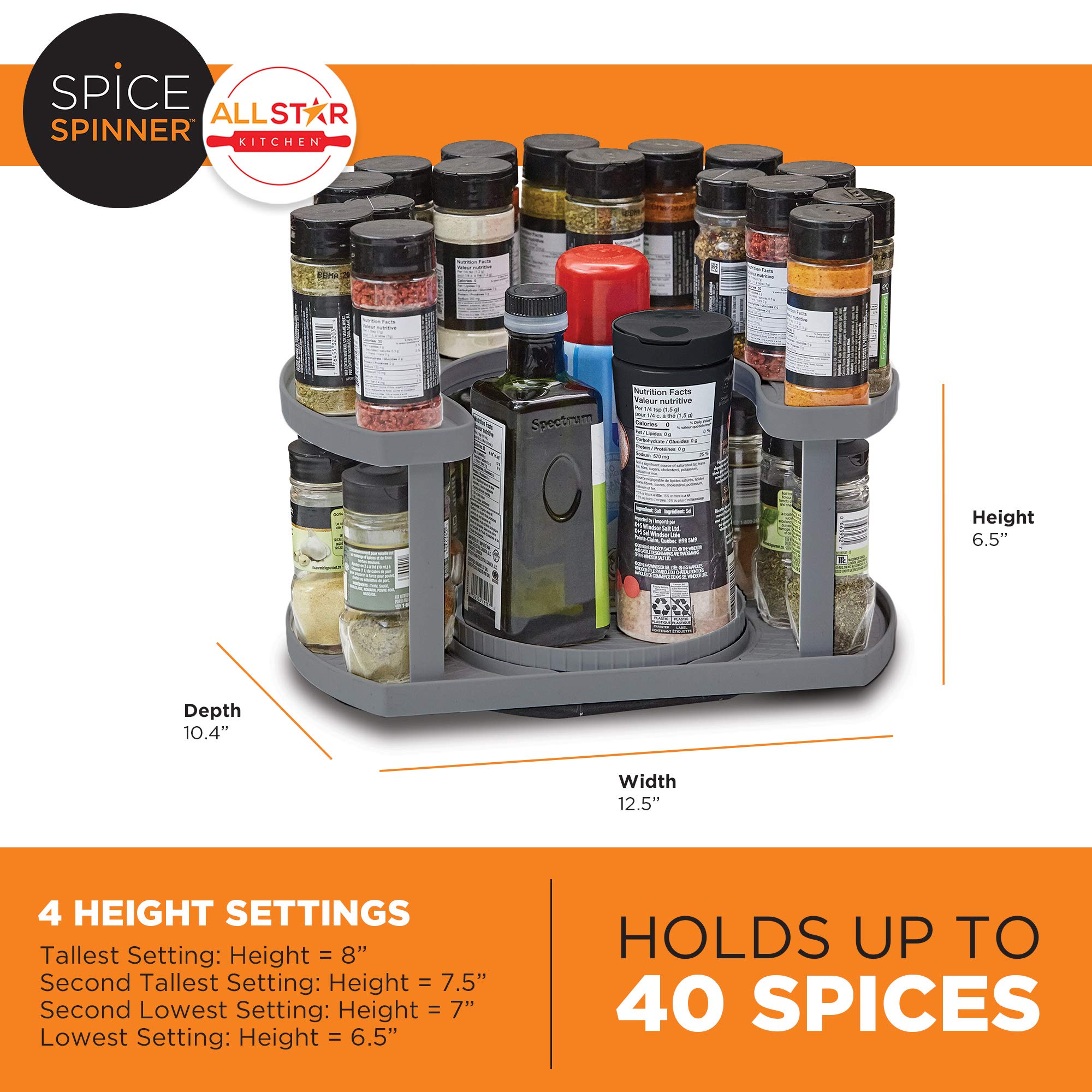 Stow-n-Spin Spice Rack Organizer for Cabinet 2 Tier Lazy Susan Organizer Holds 40 Spice Jars with Double Spinner on Bottom Spice Shelf for Kitchen Pantry Organization and Storage Made in USA