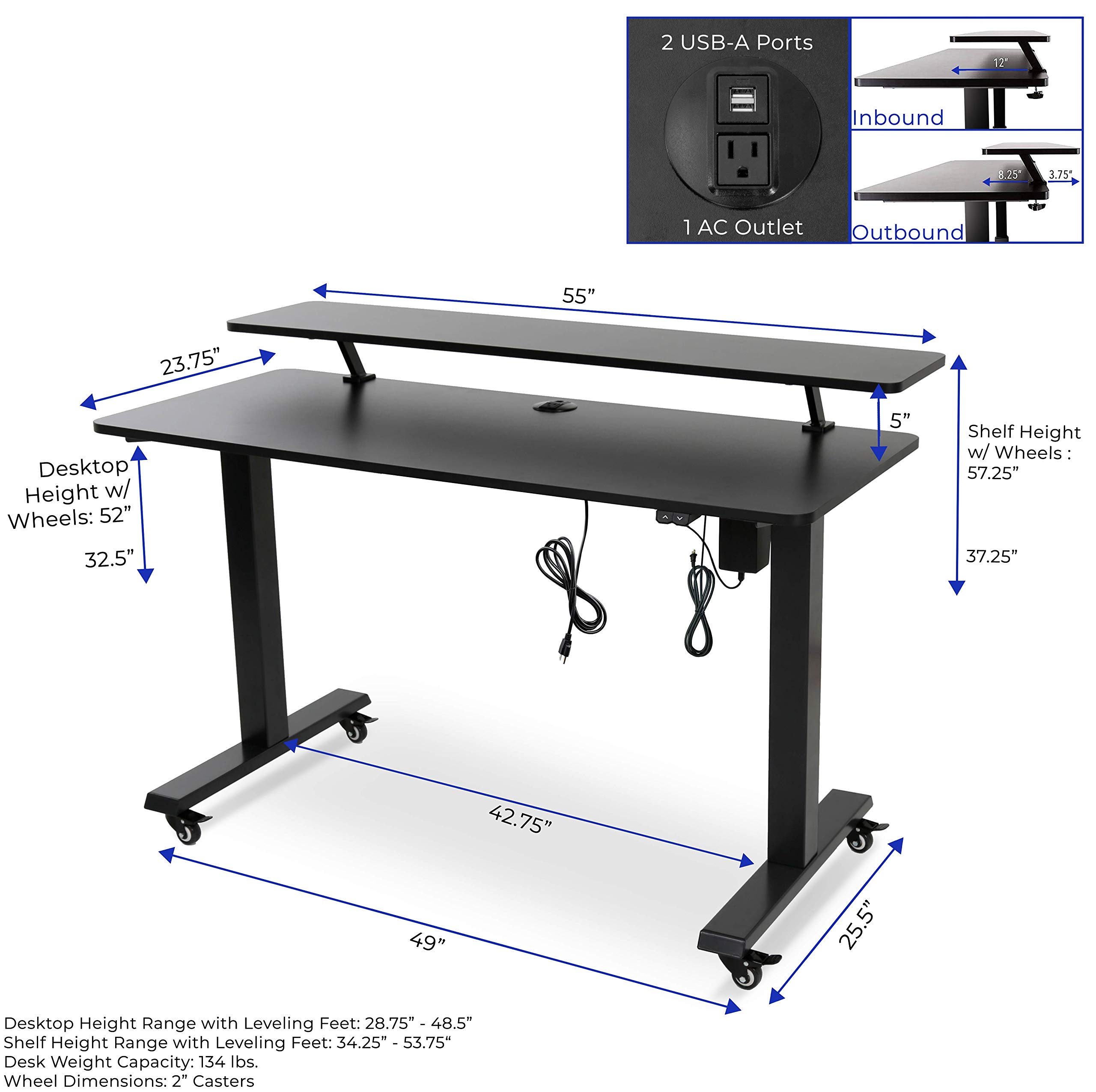 Stand Steady Tranzendesk Power | 55 Inch Electric Standing Desk with Built-In Charging | Height Adjustable Sit to Stand Desk | Electronic Standing Workstation with 1 AC Outlet & 2 USB Ports (55/Black)