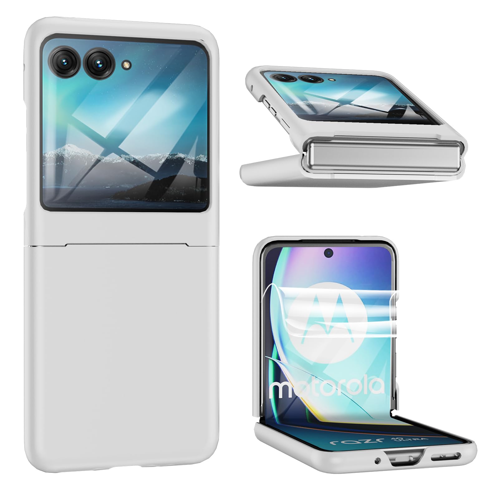 Yuanjing for Moto Razr 40 Ultra case (Screen Protector Included) Thin Hard PC Phone case for Moto Razr 40+ (White)