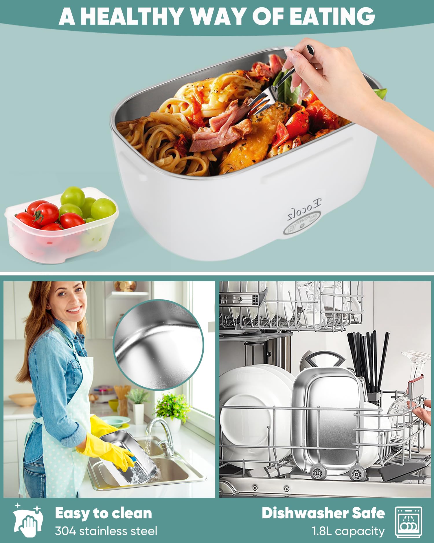 Eocolz Electric Lunch Box Food Heater Warmer 60W, 2 in 1 Portable Lunch Box for Car Truck Home Work Leak Proof with 1.5L Removable 304 Stainless Steel Container & Spoon 2 Compartments 110V 12V 24V