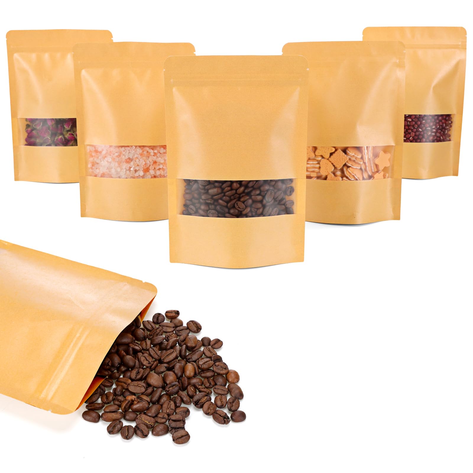Moretoes 120pcs Kraft Bags with Window, Brown Resealable Bags, 5.9×8.6 Inches Stand Up Pouches, Coffee Bags, Sealable Bags for Packaging, Ziplock Stand Up Bags for Home or Business