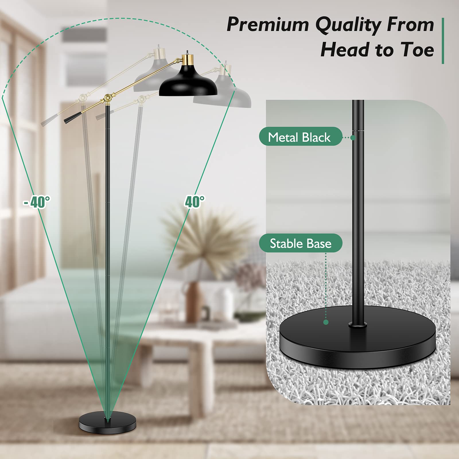 Industrial Floor Lamp For Bedrooms - Black Rustic Reading Lamp, 180°Adjustable Arm & Head Antique Indoor Standing Lamp, Modern Arc Indoor Pole Task Lamp For Living Room, Office, Study Room, Hotel