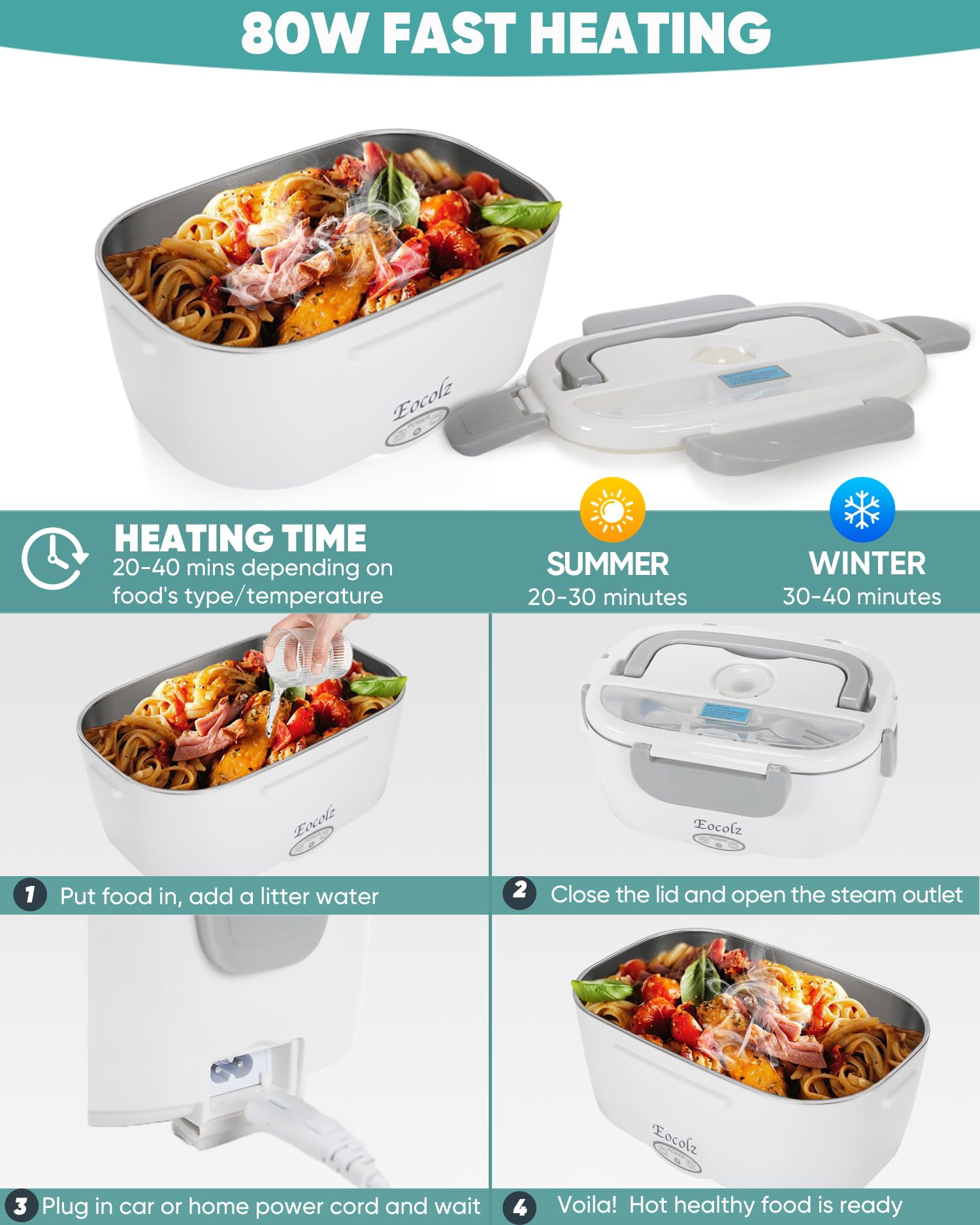Eocolz Electric Lunch Box Food Heater Warmer 60W, 2 in 1 Portable Lunch Box for Car Truck Home Work Leak Proof with 1.5L Removable 304 Stainless Steel Container & Spoon 2 Compartments 110V 12V 24V