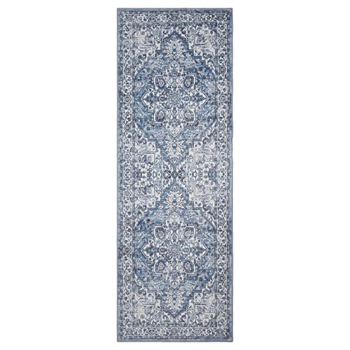 CAREMEE Area Rug 2x6 Runner Rug Light Blue Persian Hallway Indoor Rug Retro Distressed Carpet Thin Rug Machine Washable Accent Rug Lightweight Non Slip Kitchen Living Room Bedroom, 2' x 6' Blue