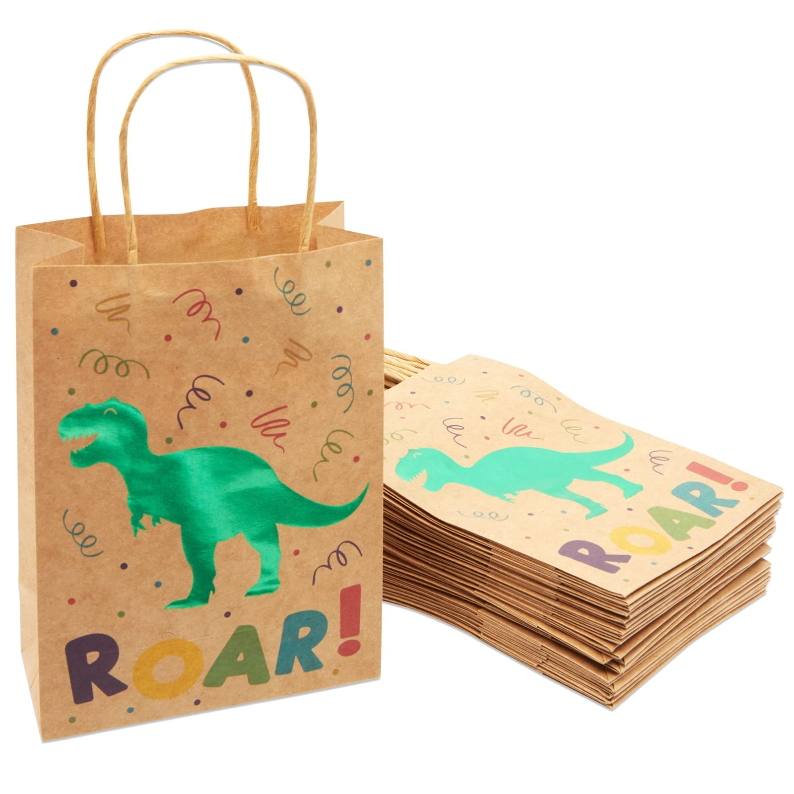 24 Pack Kraft Dinosaur Party Favor Bags with Handles for Kid's Birthday (6 x 9 In)