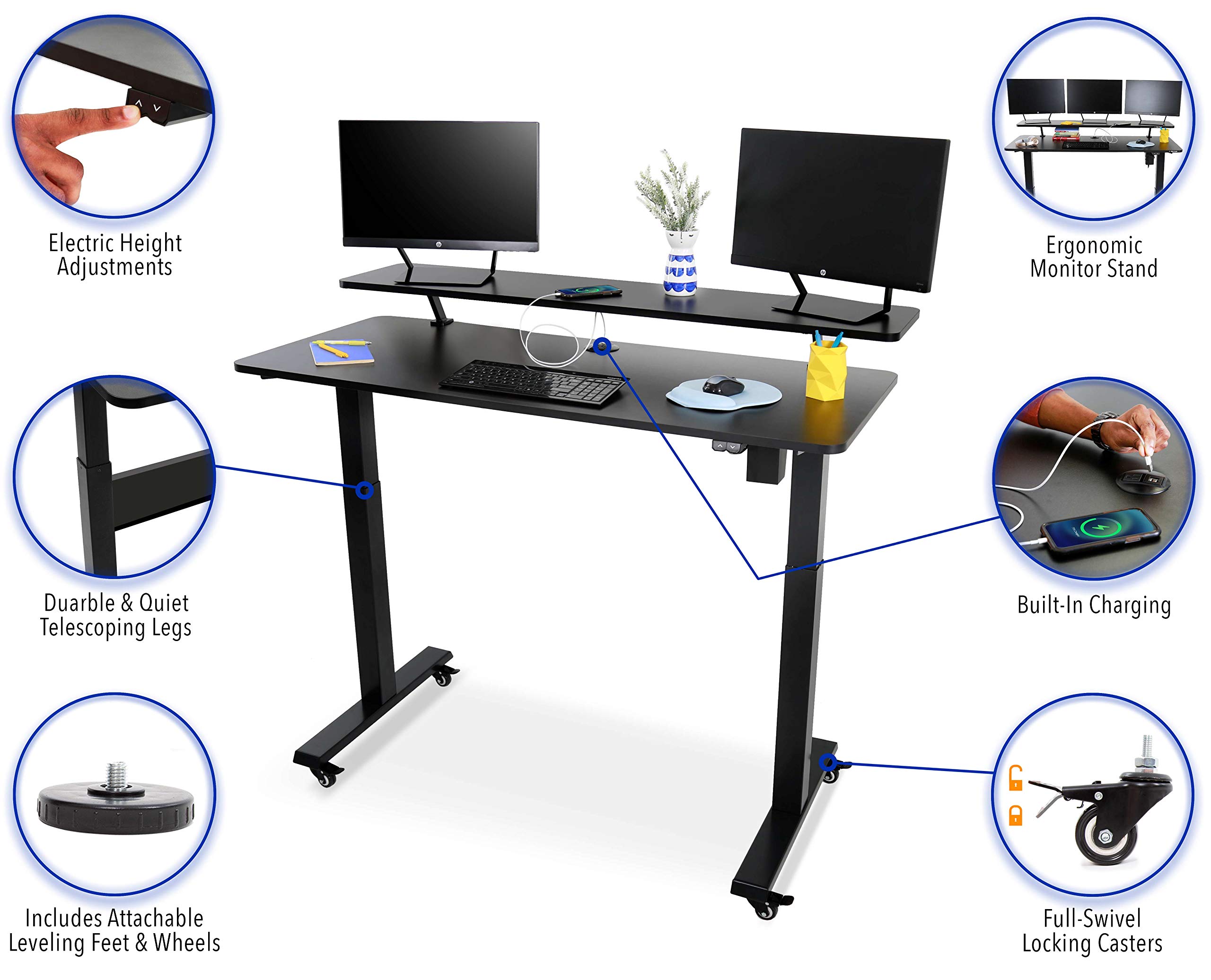 Stand Steady Tranzendesk Power | 55 Inch Electric Standing Desk with Built-In Charging | Height Adjustable Sit to Stand Desk | Electronic Standing Workstation with 1 AC Outlet & 2 USB Ports (55/Black)