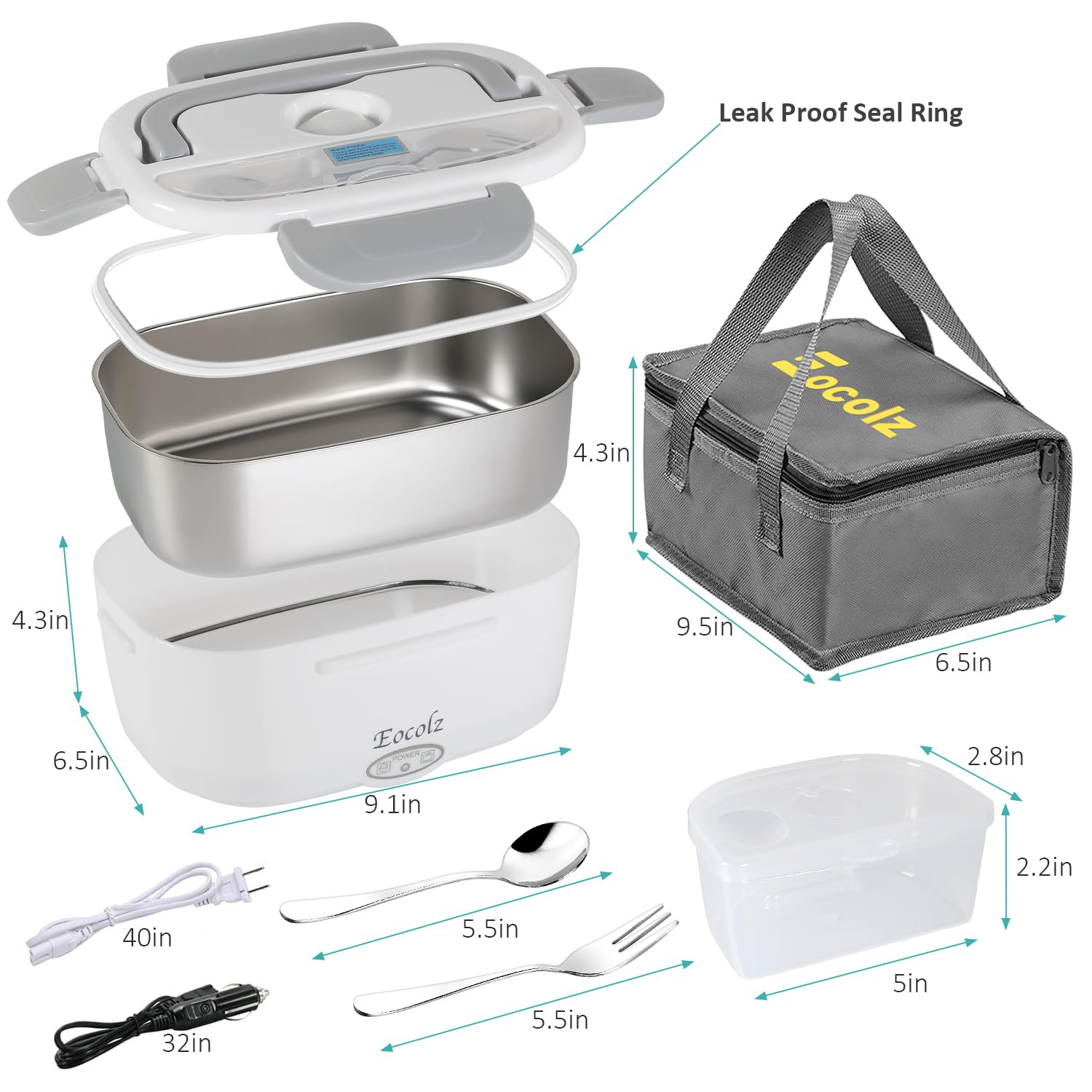 Eocolz Electric Lunch Box Food Heater Warmer 60W, 2 in 1 Portable Lunch Box for Car Truck Home Work Leak Proof with 1.5L Removable 304 Stainless Steel Container & Spoon 2 Compartments 110V 12V 24V