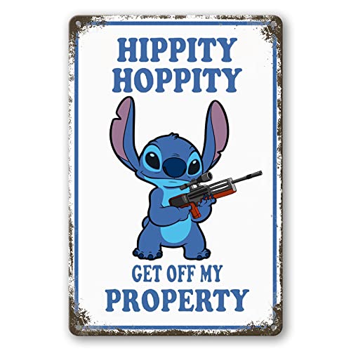Stitch Cute Room Decor Aesthetic Funny Metal Tin Signs Door Decorations for Bedroom Hippity Hoppity Get Of My Property Sign Cool Stuff for Your Room Signs Vintage Room Rules Wall Decor Sign 8x12inch