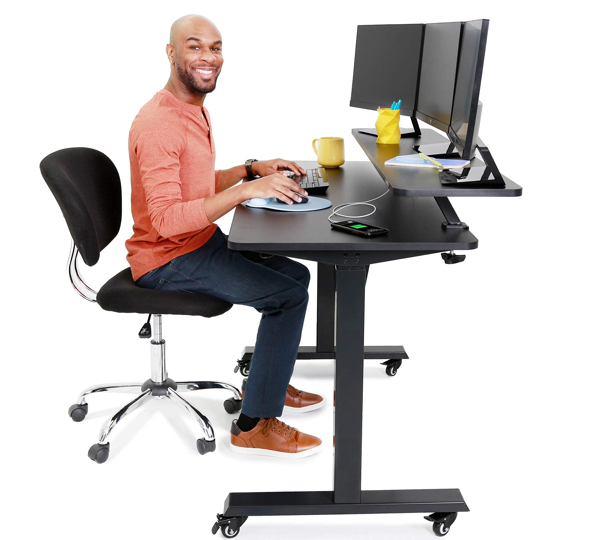 Stand Steady Tranzendesk Power | 55 Inch Electric Standing Desk with Built-In Charging | Height Adjustable Sit to Stand Desk | Electronic Standing Workstation with 1 AC Outlet & 2 USB Ports (55/Black)
