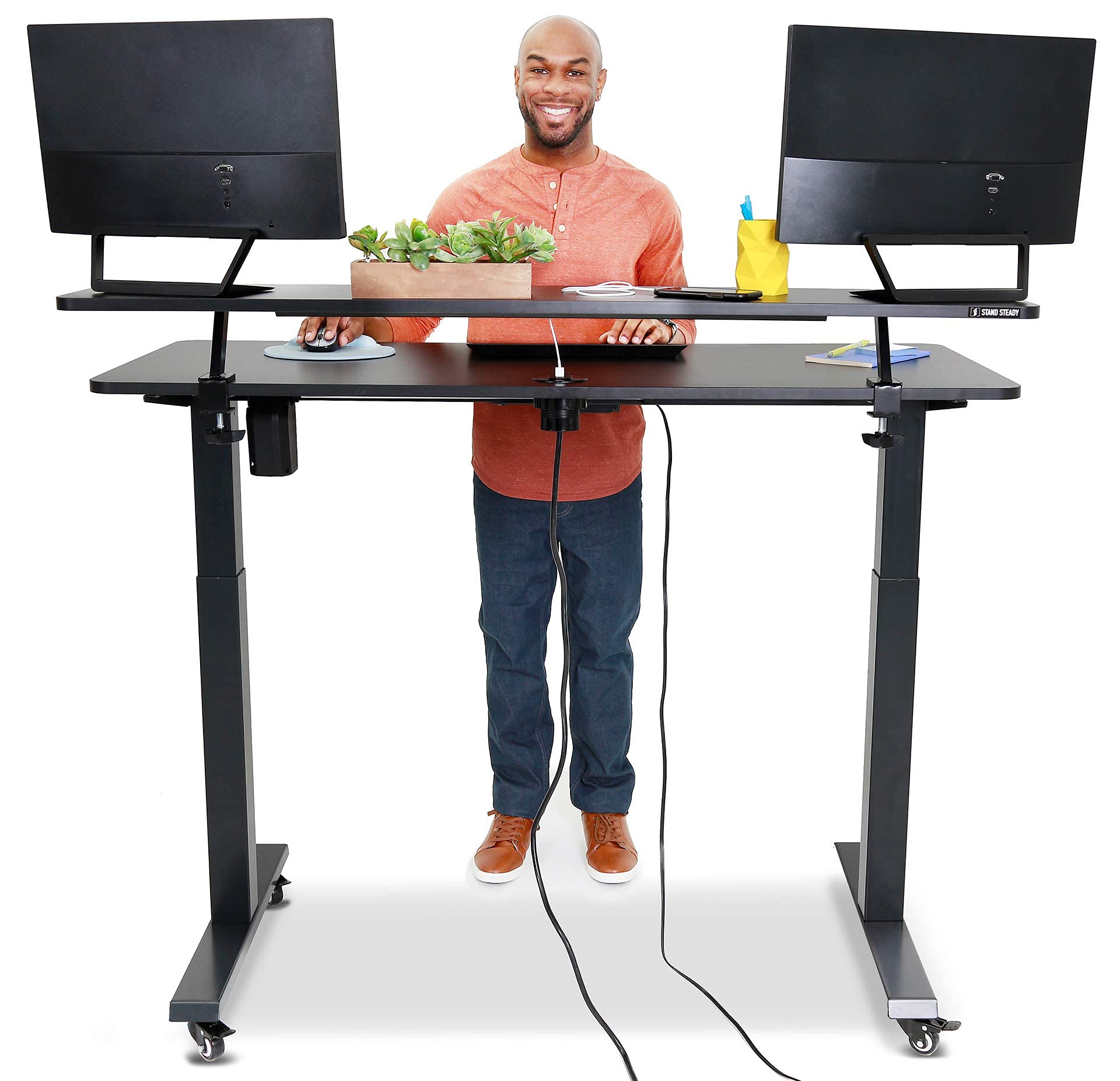 Stand Steady Tranzendesk Power | 55 Inch Electric Standing Desk with Built-In Charging | Height Adjustable Sit to Stand Desk | Electronic Standing Workstation with 1 AC Outlet & 2 USB Ports (55/Black)