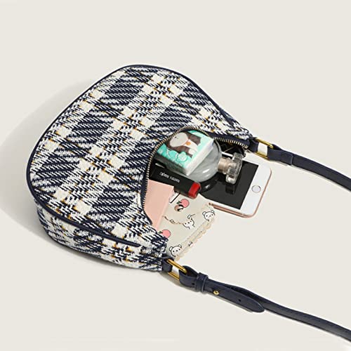 Chloe soo Women Shoulder Bags half moon purse Hobo Underarm Purse Tote Handbag Retro Blue Classic Plaid Tweed Zipper 18