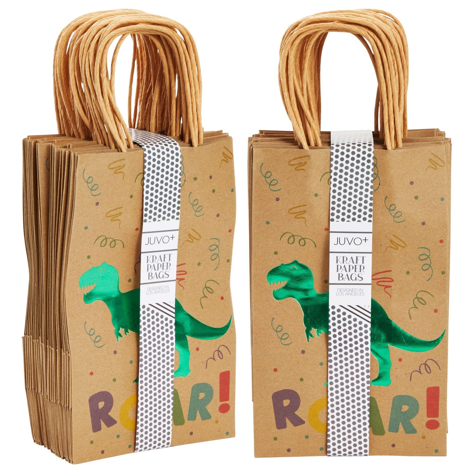 24 Pack Kraft Dinosaur Party Favor Bags with Handles for Kid's Birthday (6 x 9 In)