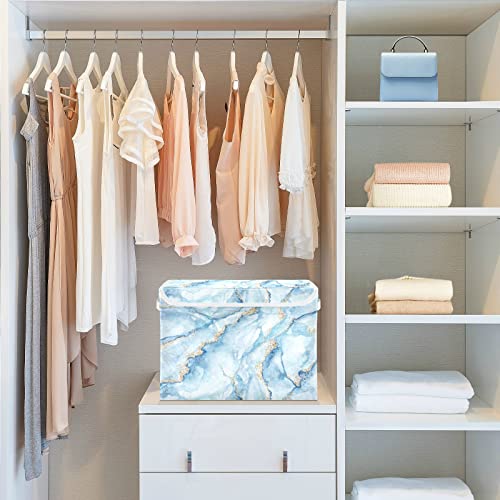 xigua White Blue Marble Storage Bins with Lids Foldable Large Cube Storage Boxes with Handles for Home Bedroom Closet Office (16.5x12.6x11.8 in)#80