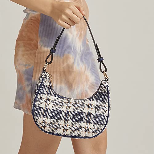 Chloe soo Women Shoulder Bags half moon purse Hobo Underarm Purse Tote Handbag Retro Blue Classic Plaid Tweed Zipper 18