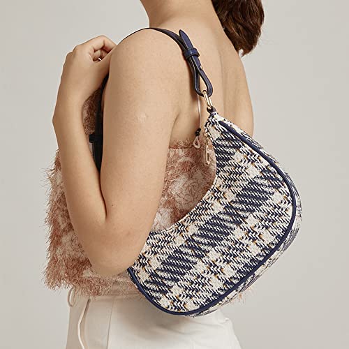 Chloe soo Women Shoulder Bags half moon purse Hobo Underarm Purse Tote Handbag Retro Blue Classic Plaid Tweed Zipper 18