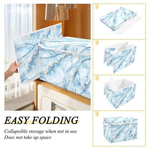 xigua White Blue Marble Storage Bins with Lids Foldable Large Cube Storage Boxes with Handles for Home Bedroom Closet Office (16.5x12.6x11.8 in)#80