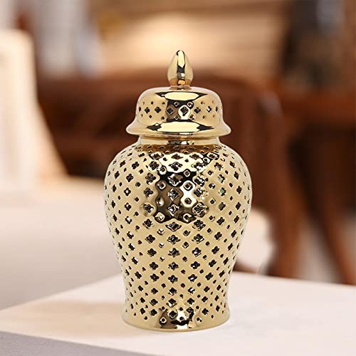 Modern Ceramic Hollow Out Ginger Jar Storage Jar Bud Vase Floral Arrangement Decorative Handicraft Flower Vase with Lid for Home Office Bookshelf Living Room Party Wedding Decor