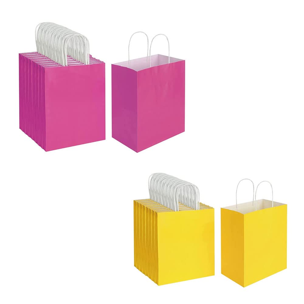 Each 100 Pack Medium Fuchsia & Yellow Kraft Paper Gift Bags with Handles Bulk