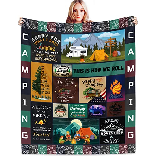 Camper Blanket Camping Lovers Gift Ideas for Men Women, Camping Campsite - Camping Blanket for RV Travel Hiking - Camper Decor - Camp Gift,Super Soft Throws Flannel Fleece Blankets Gifts for Camper