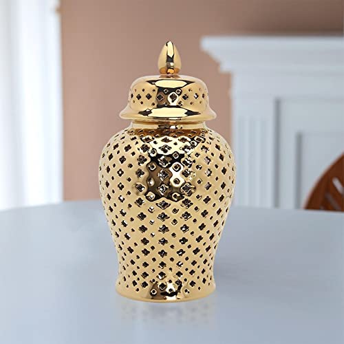 Modern Ceramic Hollow Out Ginger Jar Storage Jar Bud Vase Floral Arrangement Decorative Handicraft Flower Vase with Lid for Home Office Bookshelf Living Room Party Wedding Decor