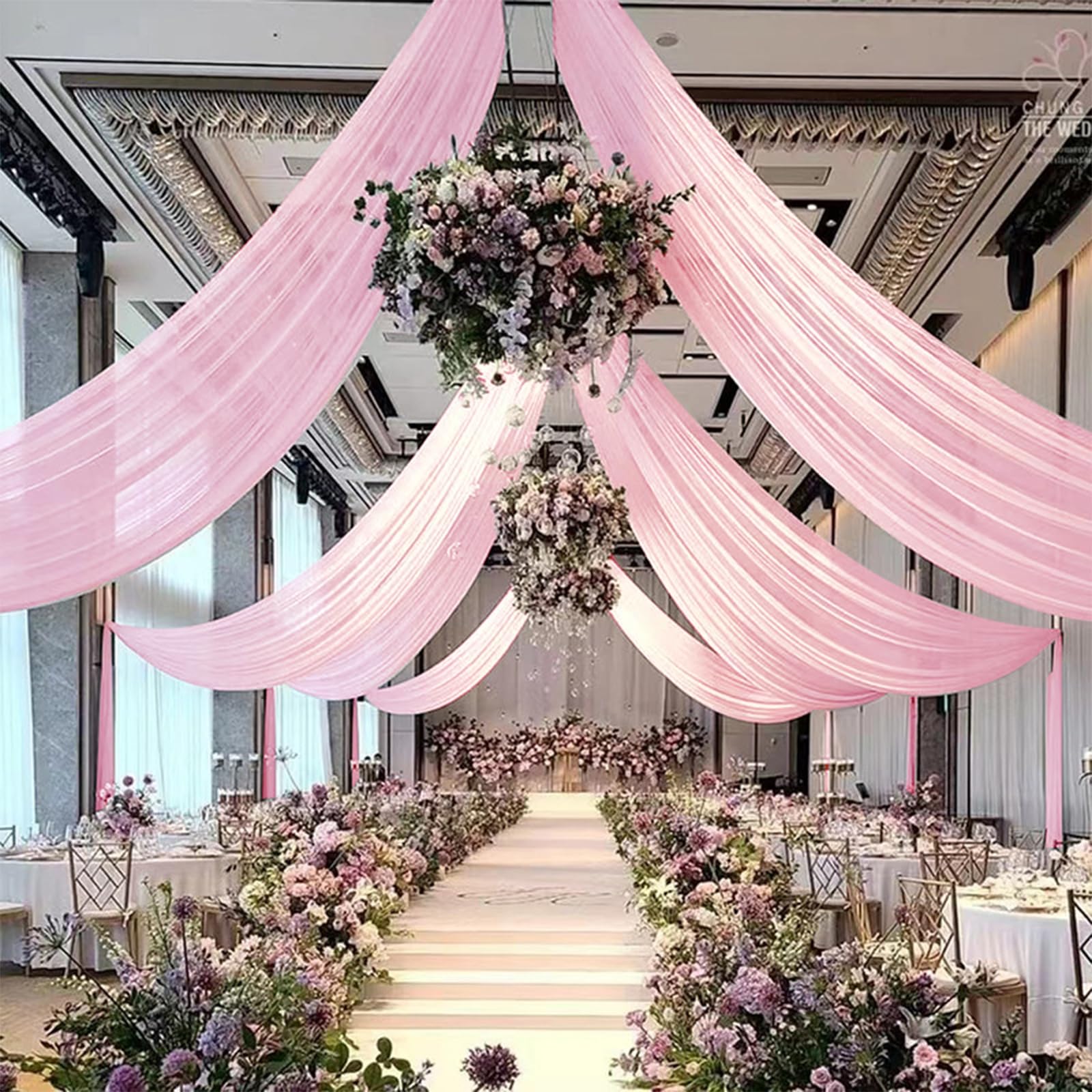Merkaunis Pink Ceiling Drapes,2 Panels 5x20 FT Chiffon Curtains Draping Fabric Sheer Mesh Ceiling Drape for Wedding Arch Bed Canopy Tent Wedding Drapery for Wedding Ceremony Birthday Party