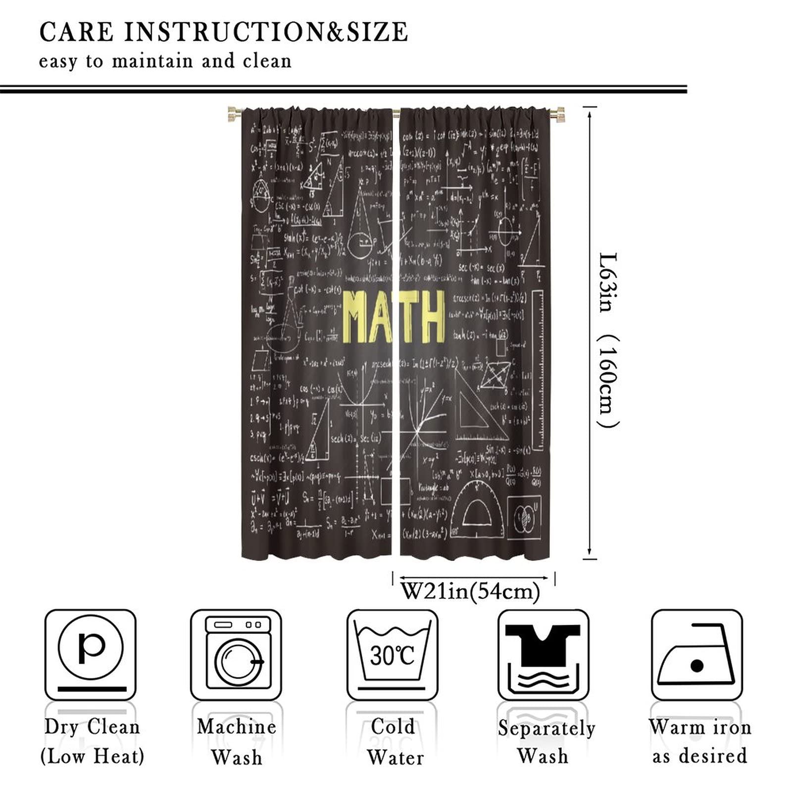 Mathematics Room Curtains, Dark Blackboard Backdrop with Math Equations Geometry Axis Art Blackout Rod Pocket Curtains for Classroom Study Bedroom Living Room Window Drapes 42x63in