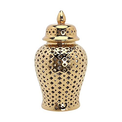 Modern Ceramic Hollow Out Ginger Jar Storage Jar Bud Vase Floral Arrangement Decorative Handicraft Flower Vase with Lid for Home Office Bookshelf Living Room Party Wedding Decor