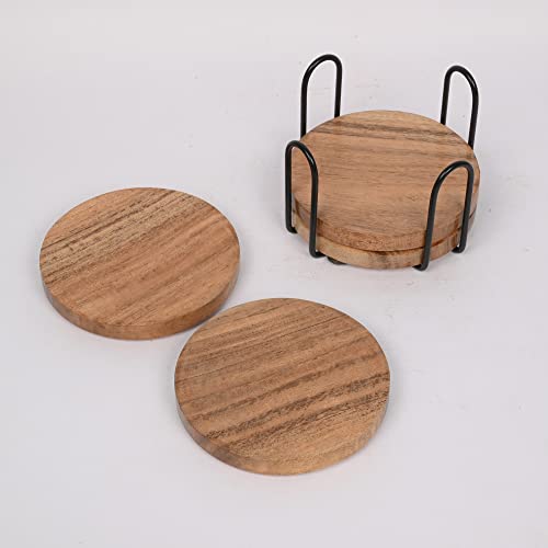 EDHAS Acacia Wood Coasters for Drinks with Iron Holder Stand for Coffee Table, Tabletop Protection Decor, Set of 4