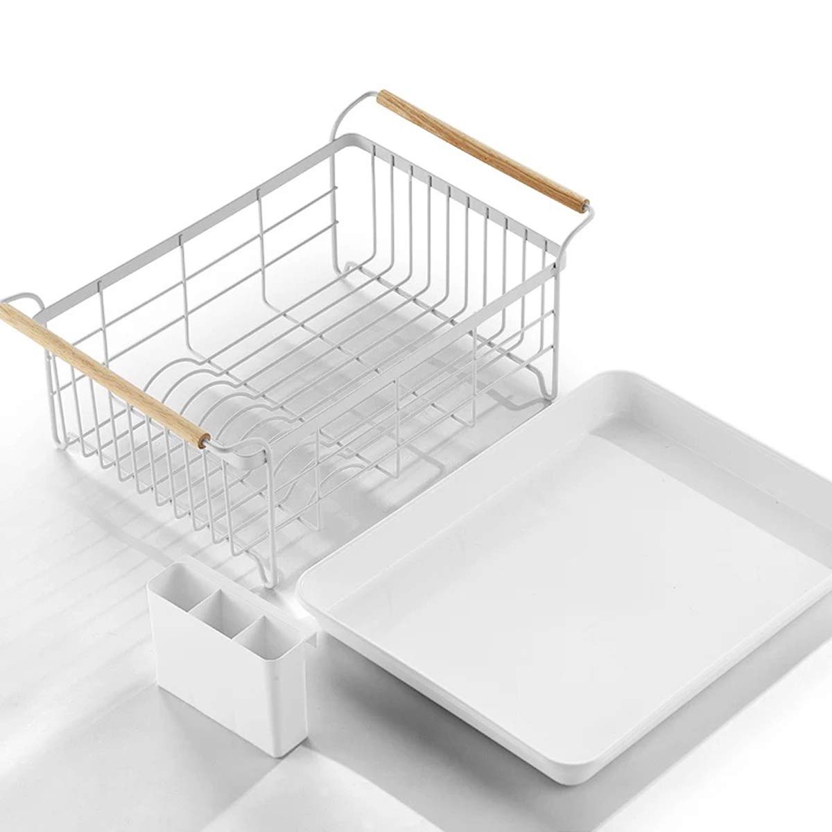 BRIAN & DANY Kitchen Dish Drainer, Large Drying Rack with Full-Mesh Storage Basket, Wooden Handle, Removable Plastic Cutlery Tray, 18.8" x 11.6" x 7.6"