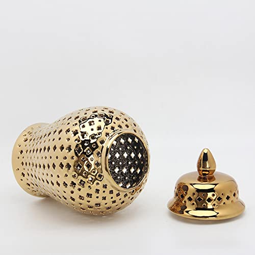 Modern Ceramic Hollow Out Ginger Jar Storage Jar Bud Vase Floral Arrangement Decorative Handicraft Flower Vase with Lid for Home Office Bookshelf Living Room Party Wedding Decor