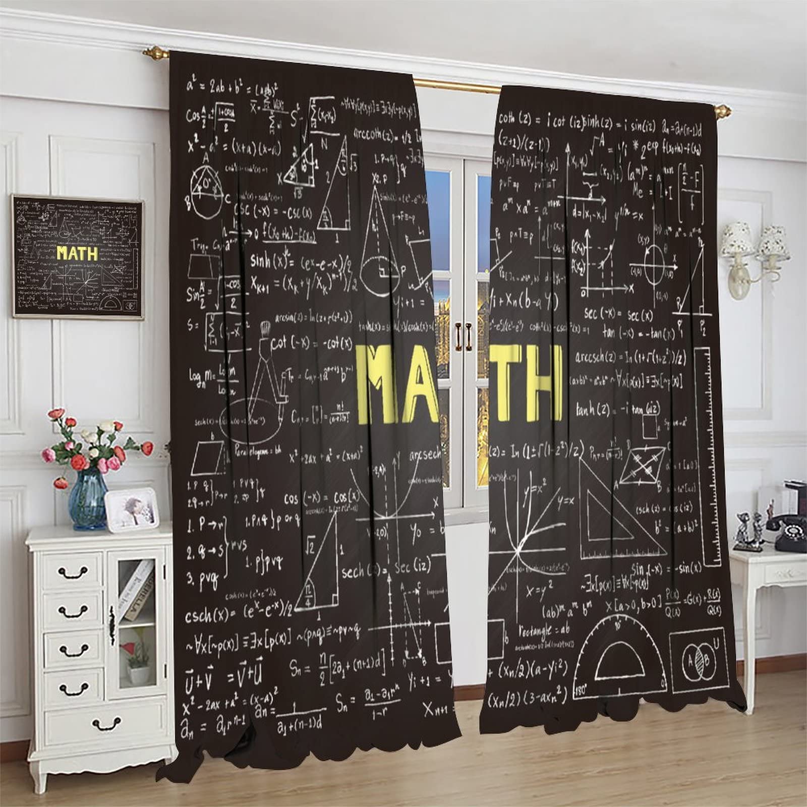 Mathematics Room Curtains, Dark Blackboard Backdrop with Math Equations Geometry Axis Art Blackout Rod Pocket Curtains for Classroom Study Bedroom Living Room Window Drapes 42x63in