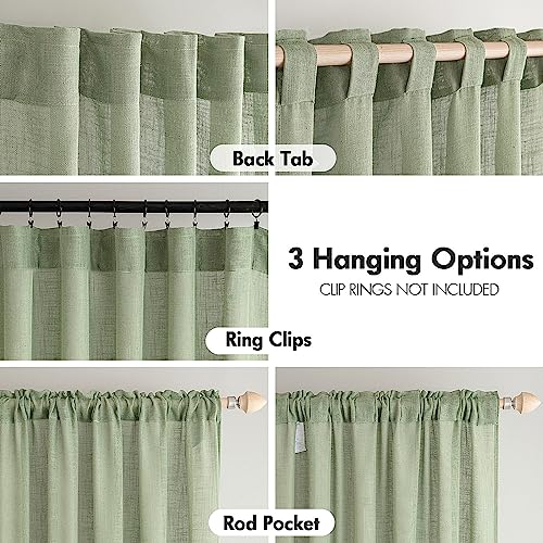 SWANCOCO Sage Green Linen Curtains 96 Inches Long Semi Sheer Thick Curtain Drapes for Bedroom Living Room Light Filtering Super Soft Burlap Look Window Drapes Rod Pocket & Back Tab, 2 Panels