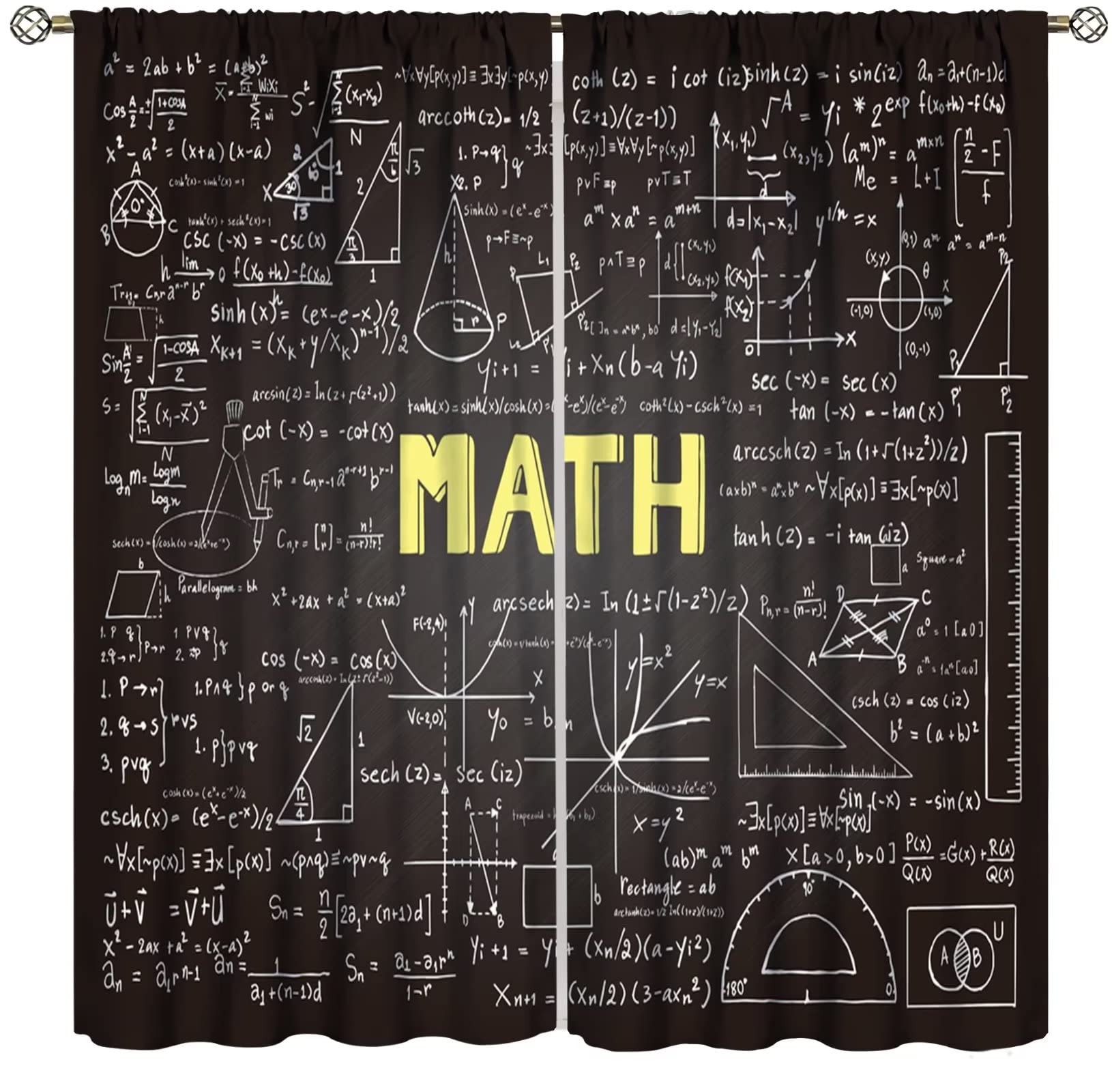 Mathematics Room Curtains, Dark Blackboard Backdrop with Math Equations Geometry Axis Art Blackout Rod Pocket Curtains for Classroom Study Bedroom Living Room Window Drapes 42x63in