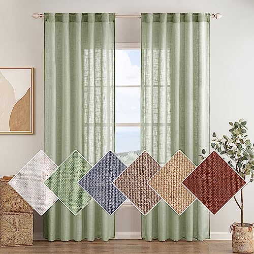 SWANCOCO Sage Green Linen Curtains 96 Inches Long Semi Sheer Thick Curtain Drapes for Bedroom Living Room Light Filtering Super Soft Burlap Look Window Drapes Rod Pocket & Back Tab, 2 Panels