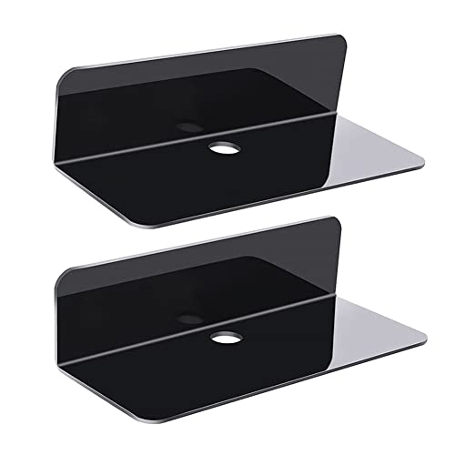 Acrylic Floating Wall Shelves 2 pcs, Damage-Free Expand Wall Space, Small Display Shelf for Smart Speaker/Action Figures with Cable Clips, Bluetooth Speaker, Webcam, Phone Stand (Black)