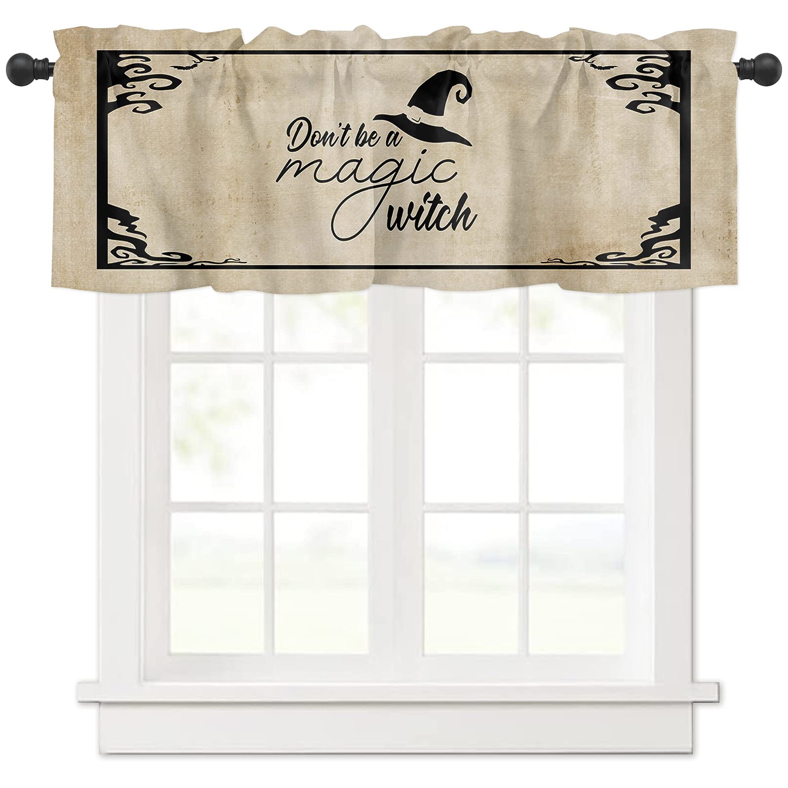 Seven Roses Don't Be a Magic Witch Halloween Lace Farmhouse Short Window Curtain Valances, Retro Beige Backdrop Rod Pocket Kitchen Valances for Living Room Bedroom Bathroom Cafe, 1 Panel - 54" x 18"