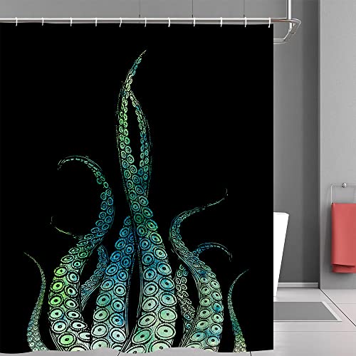 WYURMKT Octopus Tentacles Shower Curtain Kraken Ocean Animal Green Sea Underwater Creature Simple Black Backdrop Cool Creative Art Bathroom Decor Curtains Set Polyester Fabric with Hooks 70Wx70H Inch