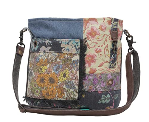 Western Leather Shoulder Bag for Women - Upcycled Canvas Crossbody Bag Le Fleur Blu