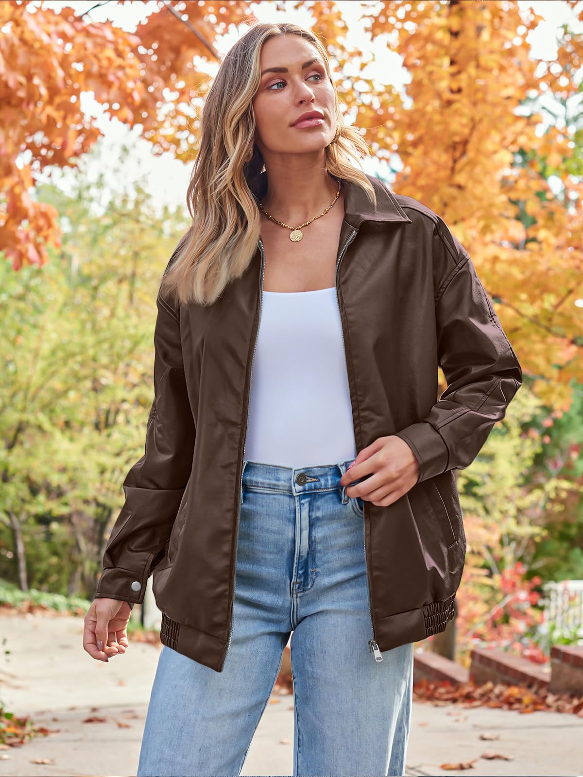 AUTOMET Womens Oversized Leather Jackets Faux Suede Fall Fashion Motorcycle Coats Winter Outfits Clothes Y2k Tops Brown M