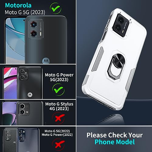 LUTTY Designed for Motorola Moto G 5G 2023 Case, Moto G Power 5G 2023 Case,with 360° Rotate Ring Stand and 2 Screen Protector, Non-Slip Matte Back Military Grade Dual Layer Protective Case, White