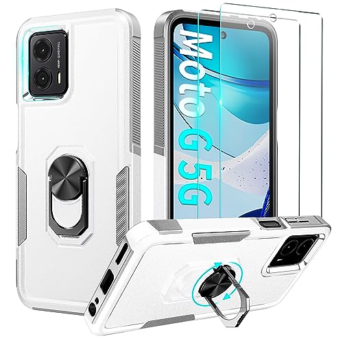 LUTTY Designed for Motorola Moto G 5G 2023 Case, Moto G Power 5G 2023 Case,with 360° Rotate Ring Stand and 2 Screen Protector, Non-Slip Matte Back Military Grade Dual Layer Protective Case, White