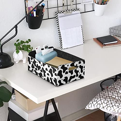 Kigai Black & White Cow Print Storage Bins with Handles Felt Fabric Collapsible Storage Basket Organizer Drawers Storage Boxes for Shelf Closet Bedroom (14x5x10Inch)
