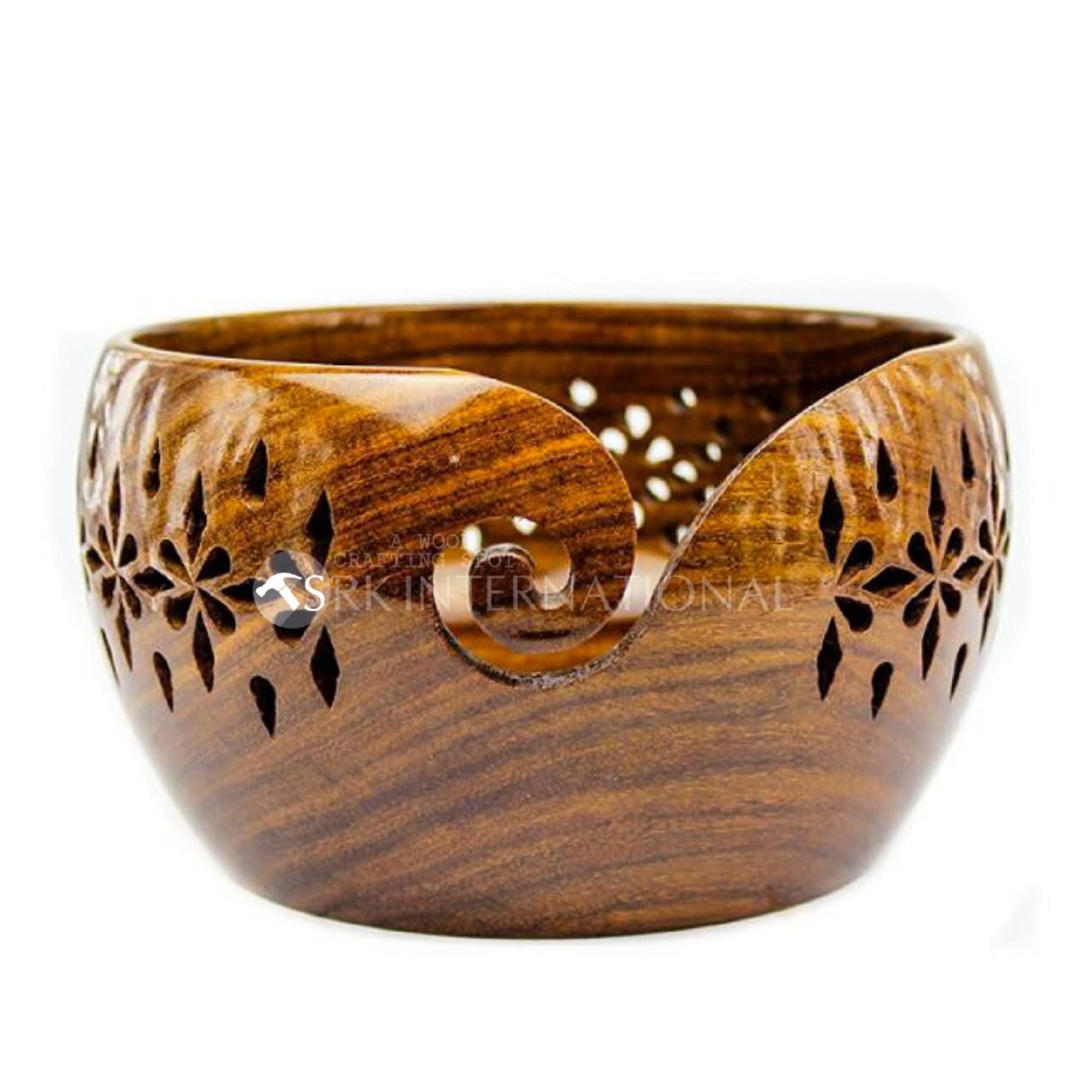 Rosewood Crafted Wooden Yarn Storage Bowl with Carved Holes & Drills | Knitting Crochet Accessories | SRK International | Small - 6 X 3, Brown (SB - 201)