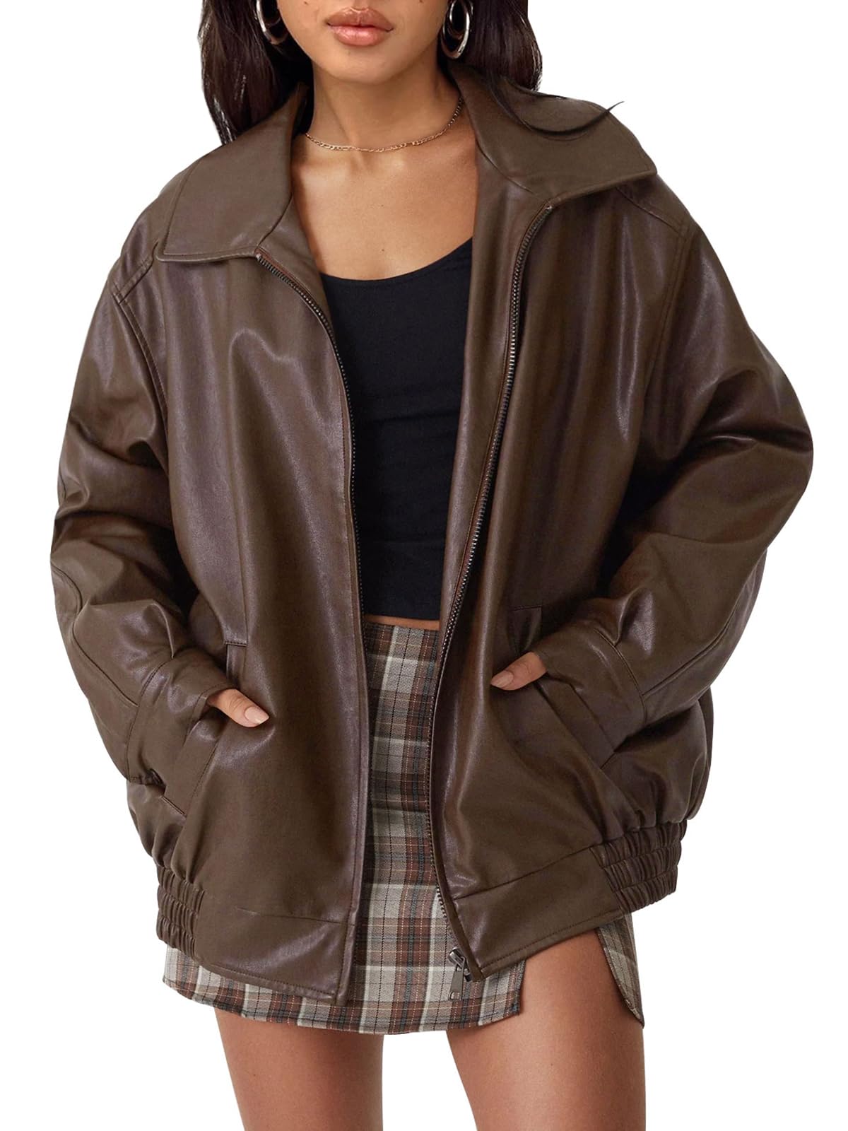 AUTOMET Womens Oversized Leather Jackets Faux Suede Fall Fashion Motorcycle Coats Winter Outfits Clothes Y2k Tops Brown M