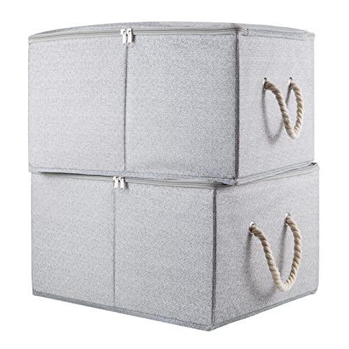 jeadwwr Large Foldable Storage Bins with Lids for Organizing, Fabric Storage Boxes with Lids for Shelves, 2-Pack Clothes Baskets with Cotton Rope Handles Zip Closet Bins (Ash Grey, 17.7x13.8x9.8in)