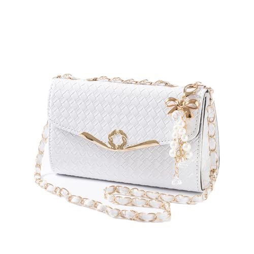 Anoile Woven Crossbody Handbag Purse for Women Trendy Leather Money Clutch Square Bag Retro Satchel Shoulder Bag (White)