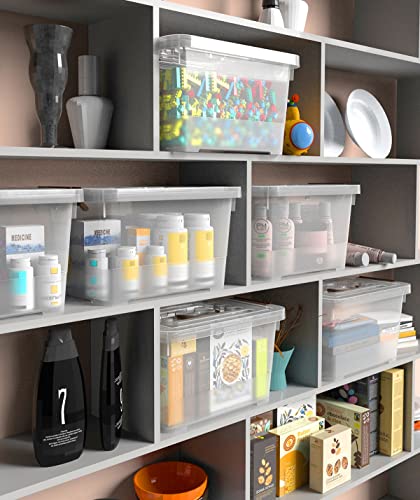 WYT 6-Pack Clear 7 Quart Storage Latch Box/Bins, Plastic Stackable Latching Box with Brown Handle and Lid, Multi-Purpose, 7 Litre